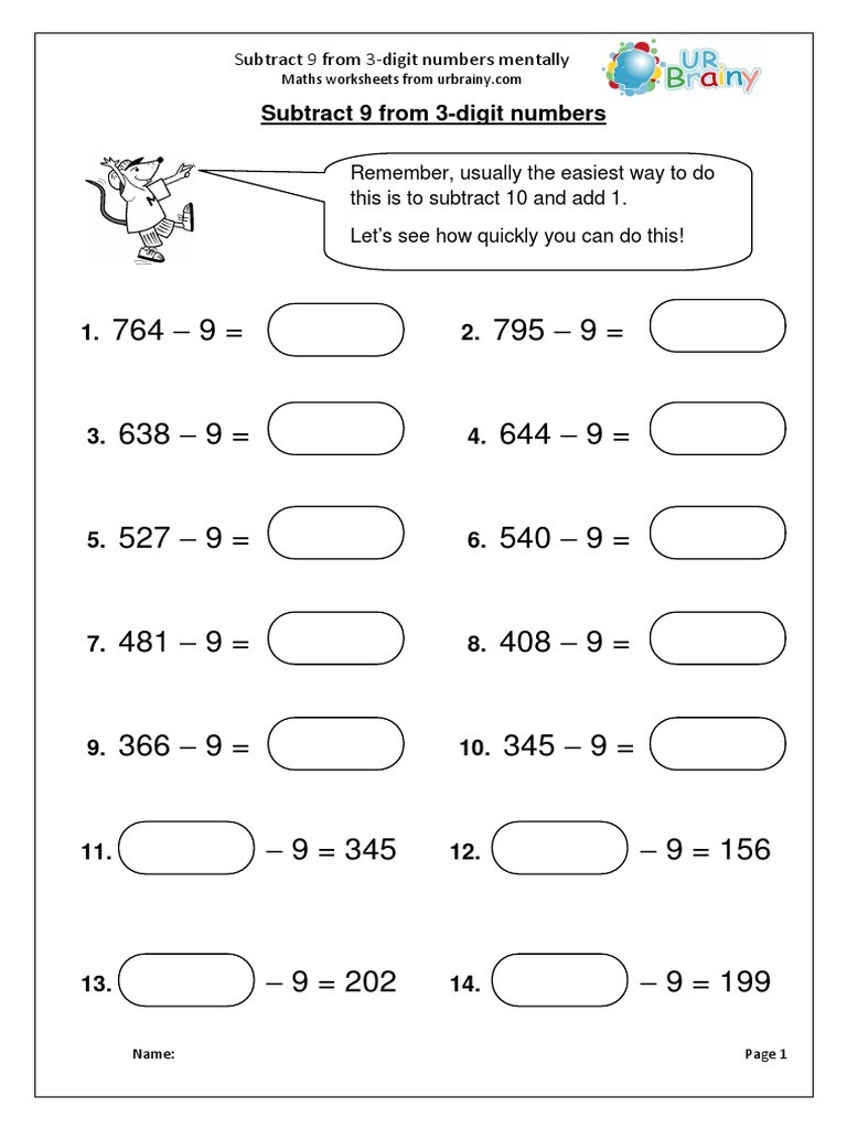 Subtract 9 From 3 Digit Numbers | PDF | Arithmetic | Numbers