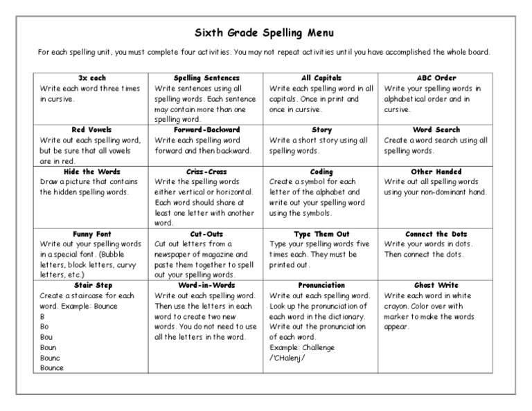 sixth grade spelling menu | Letter Case | Spelling