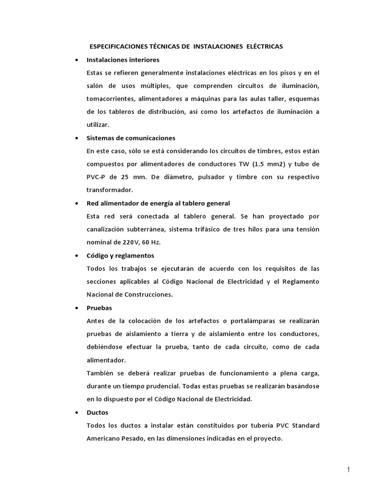 EJEMPLO: Especificaciones Técnicas de Instalaciones Eléctricas-Vivienda Unifamiliar | PDF ...