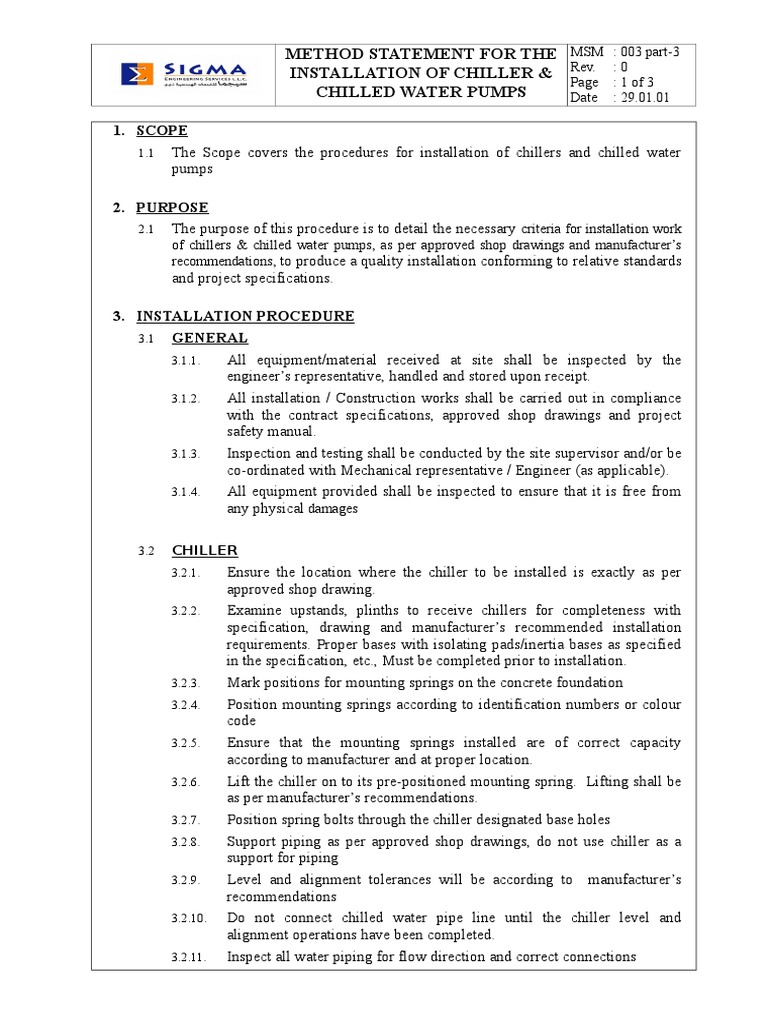 Scope: Method Statement For The Installation of Chiller & Chilled Water ...