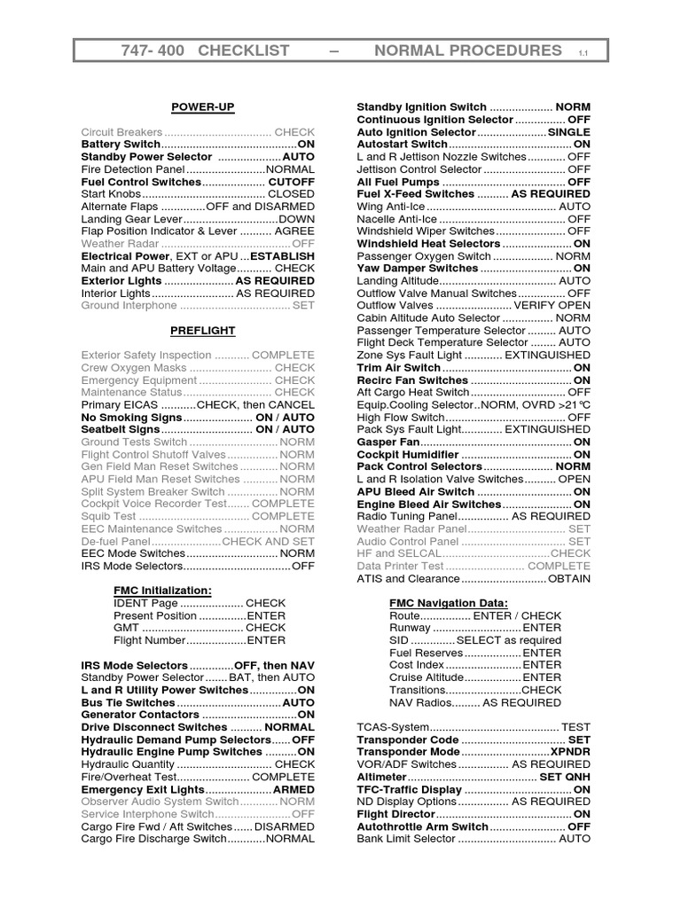 747 PMDG Flow Checklist NP 1.1 | PDF | Cockpit | Aircraft Flight ...