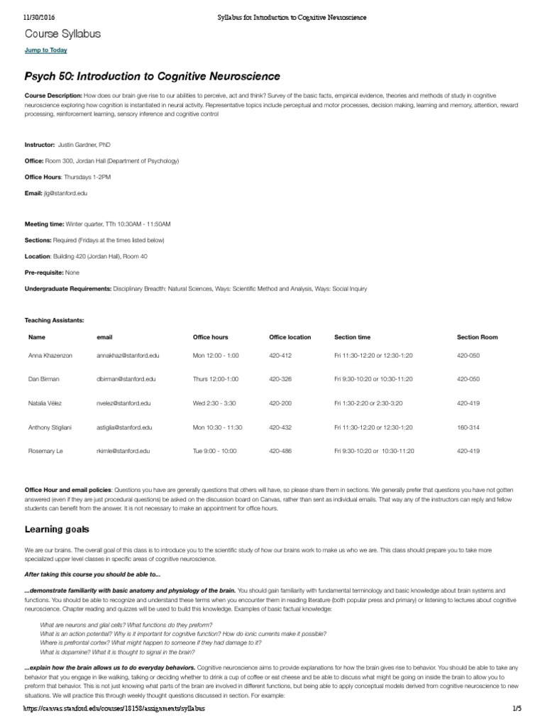 Intro to Cognitive Neuroscience Syllabus | PDF | Brain | Neuroscience
