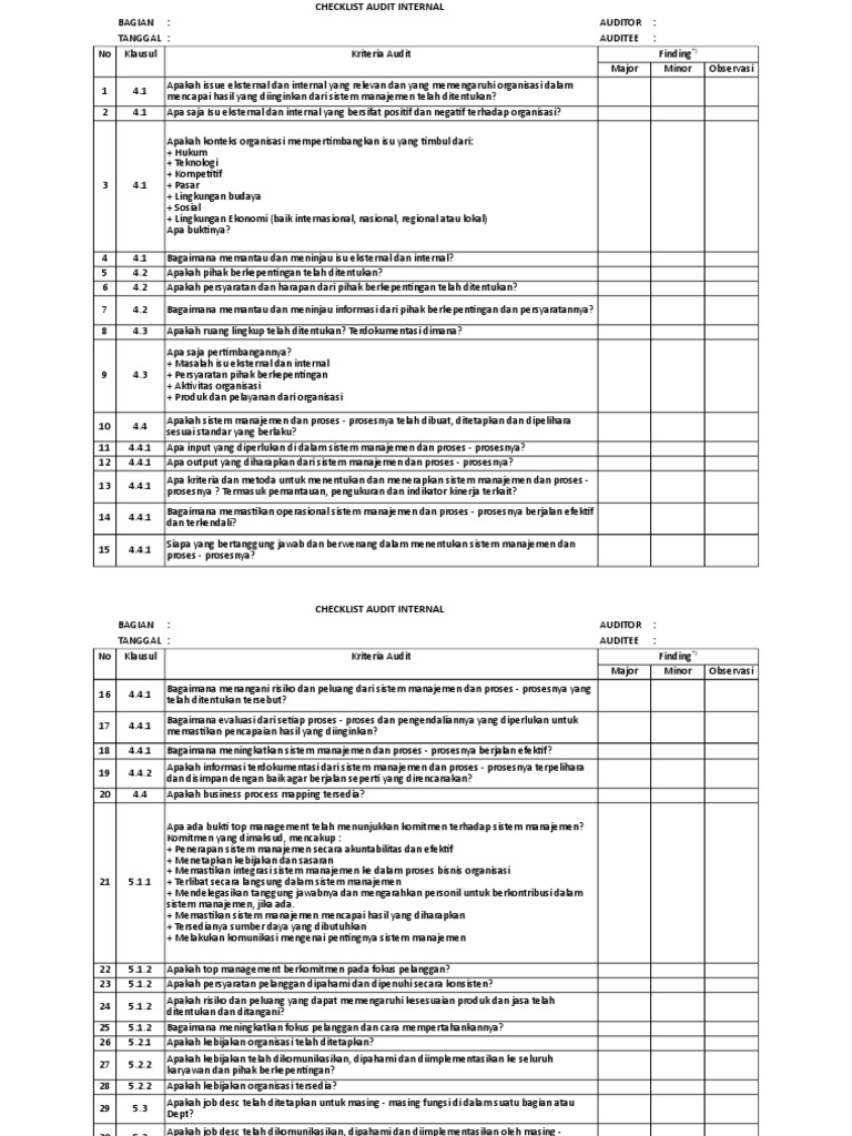 Checklist Audit ISO 9K 2015 | PDF