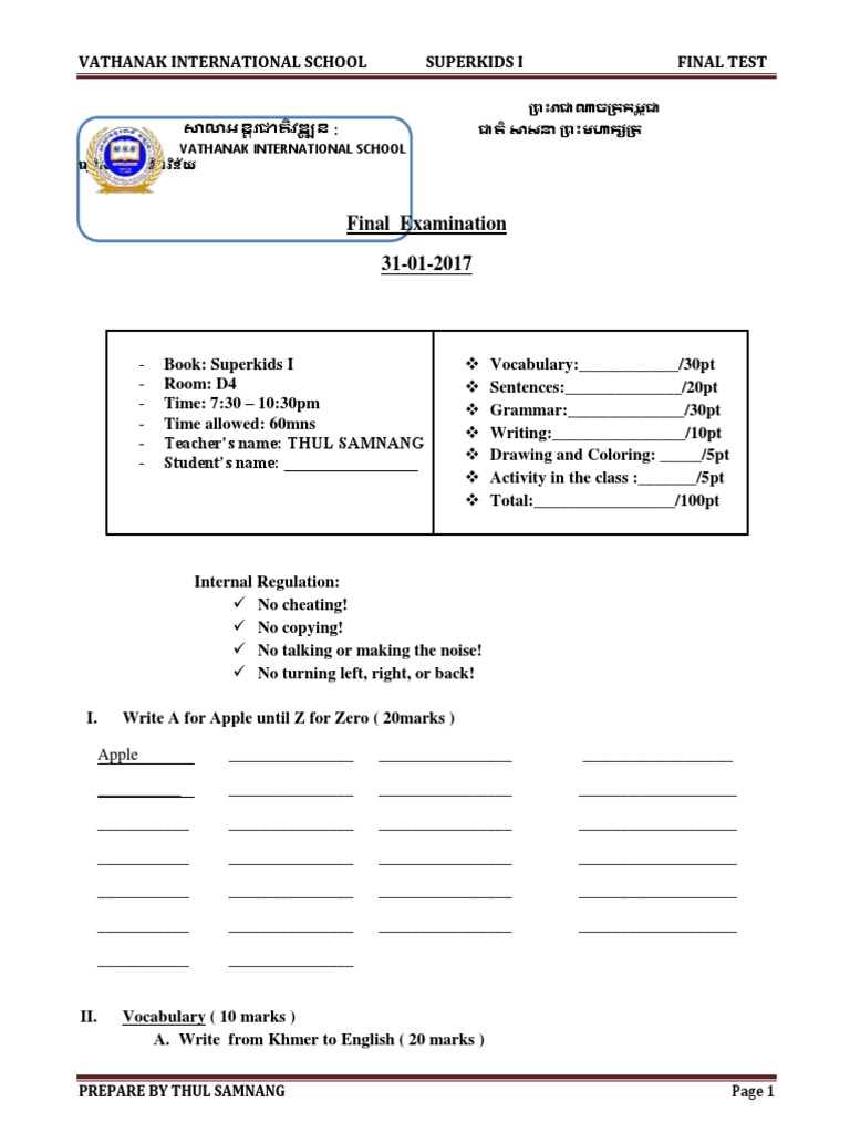 Superkids I Final Examination: A Comprehensive Assessment of English ...