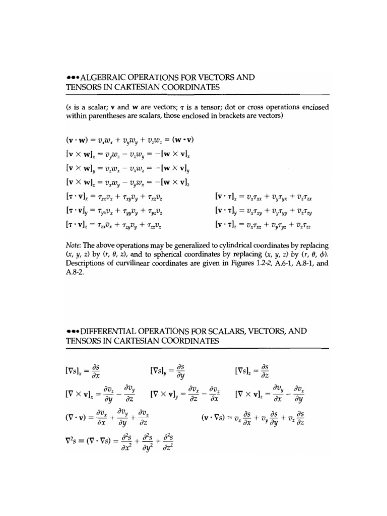 Algebraic Operations For Vectors And Tensors In Cartesian Coordinates