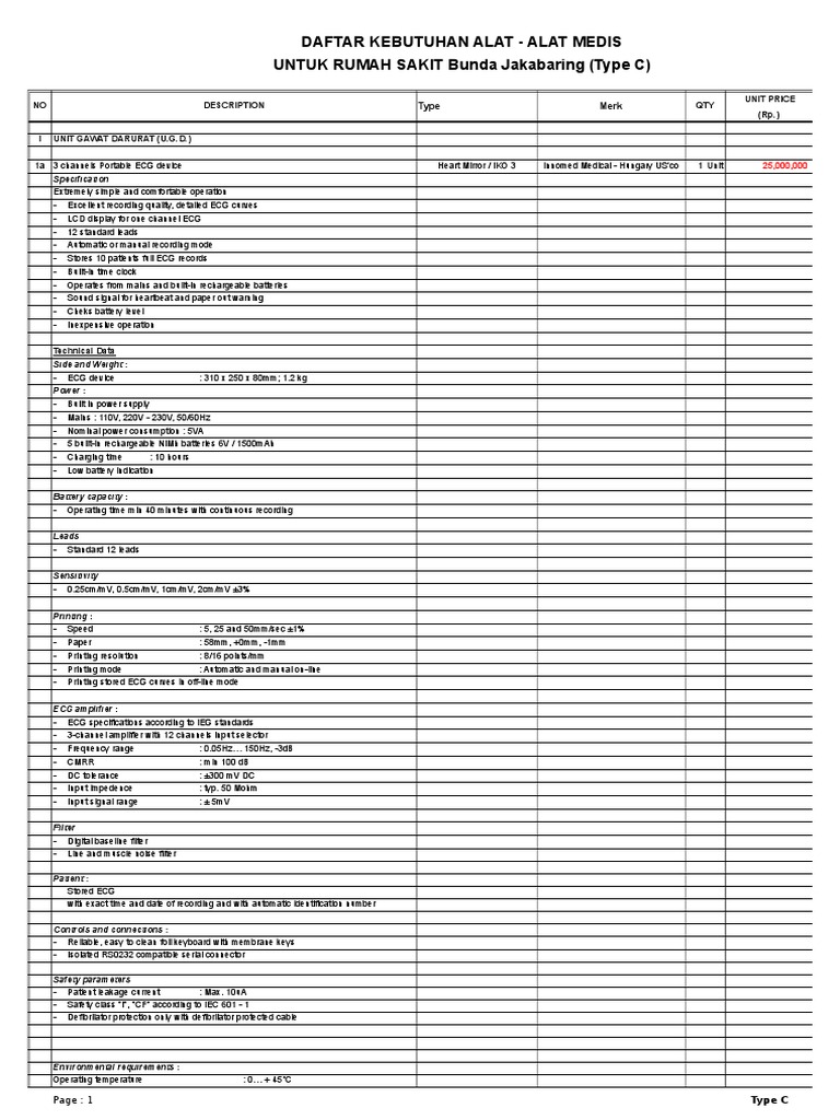 Daftar Kebutuhan Alat Medis rs.Type C.xls | Rechargeable Battery ...