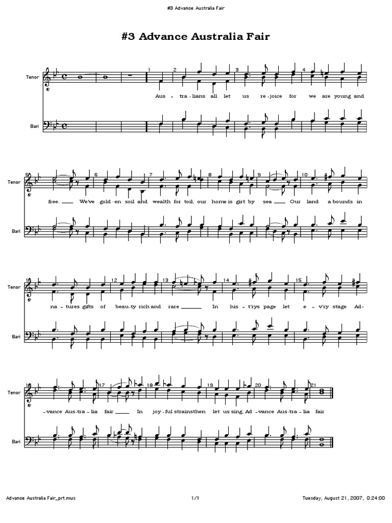 Advance Australia Fair Sheet Music | PDF | Patriotism | English ...