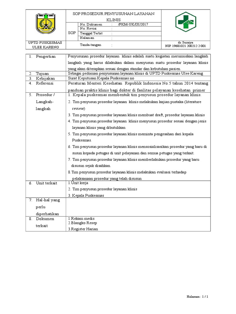 Sop Prosedur Penyusunan Layanan Klinis | PDF