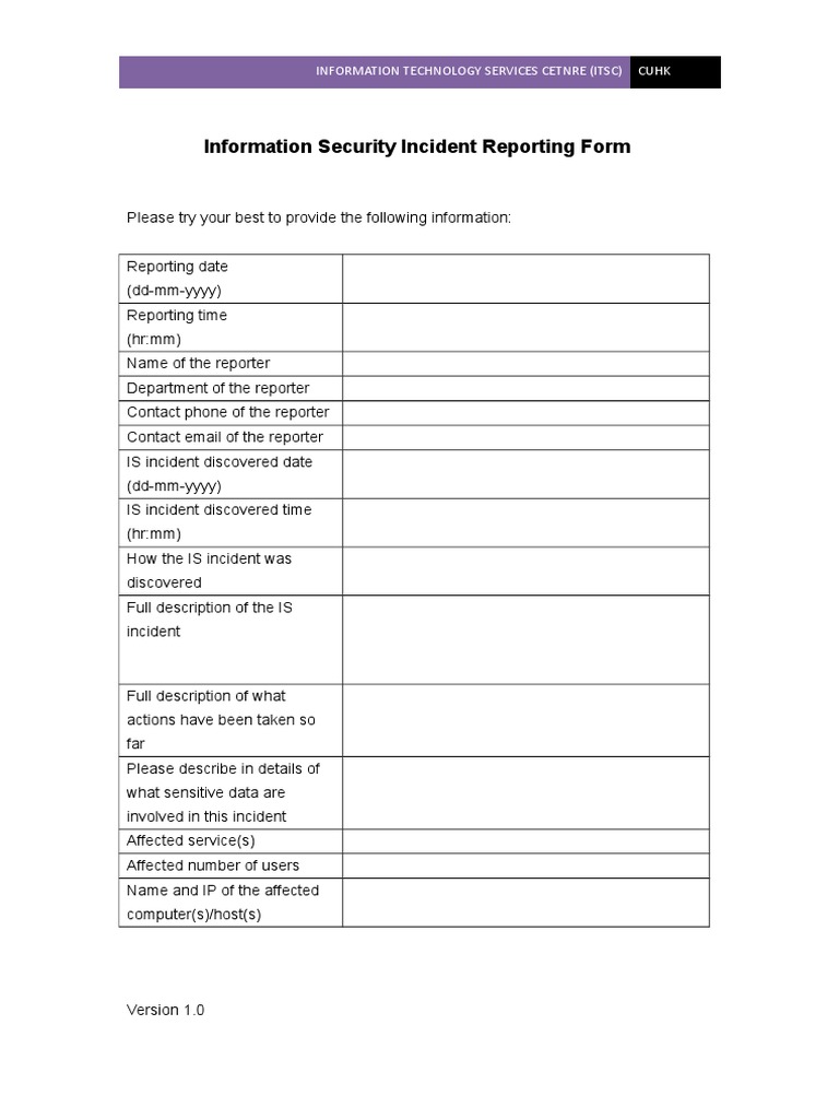 Information Security Incident Reporting Form: Information Technology ...