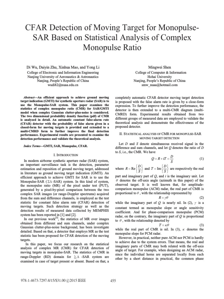 CFAR Detection of Moving Target For Monopulse-SAR Based On Statistical Analysis of Complex ...
