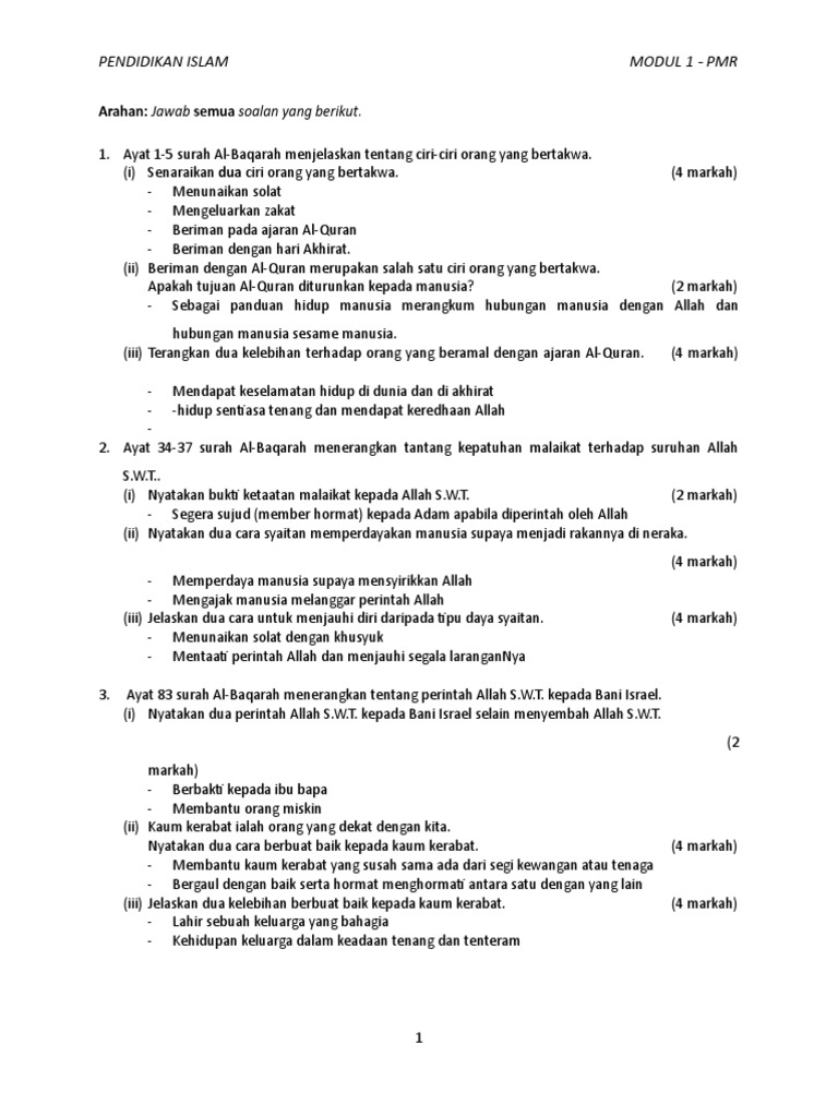 Skema Jawapan Pendidikan Islam Modul 1 PMR | PDF