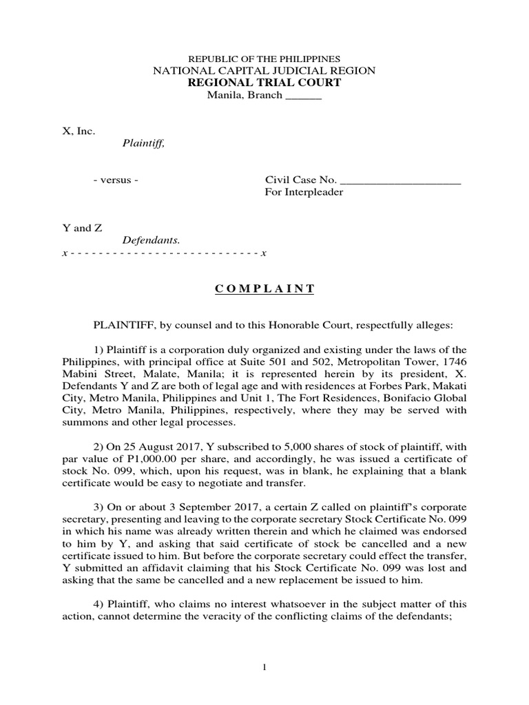 Complaint in Interpleader | Lawsuit | Metro Manila