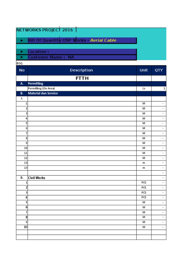 Networks Project 2016 Bill of Quantity OSP Works - : Aerial Cable | PDF