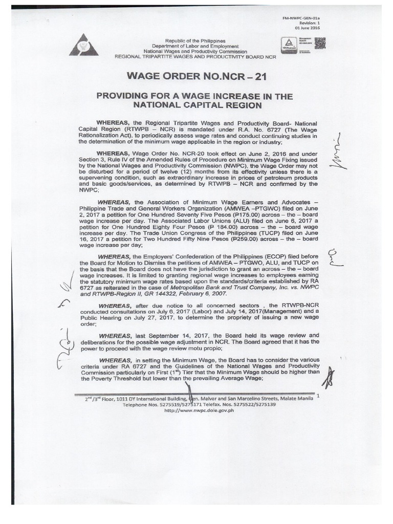 Wage Order No. NCR-21