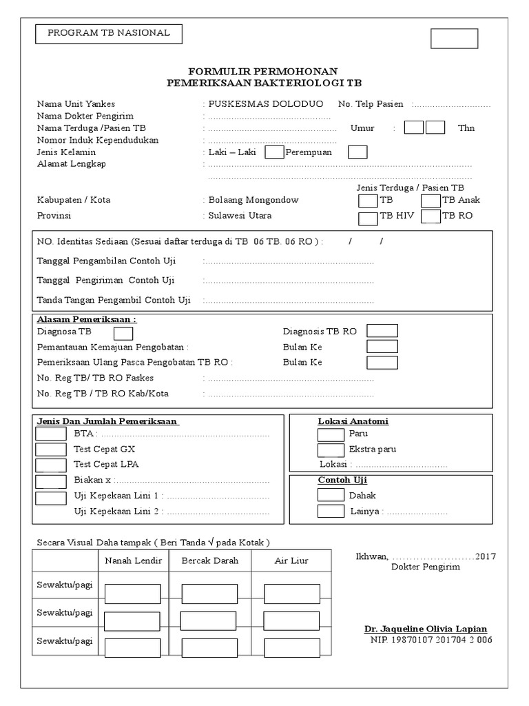 Formulir Permohonan Laboratorium TB Untuk Pemeriksaan Dahak Imandi TB 05 Baru | PDF