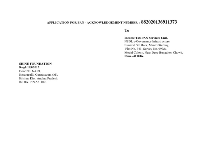Application For Pan - Acknowledgement Number | PDF