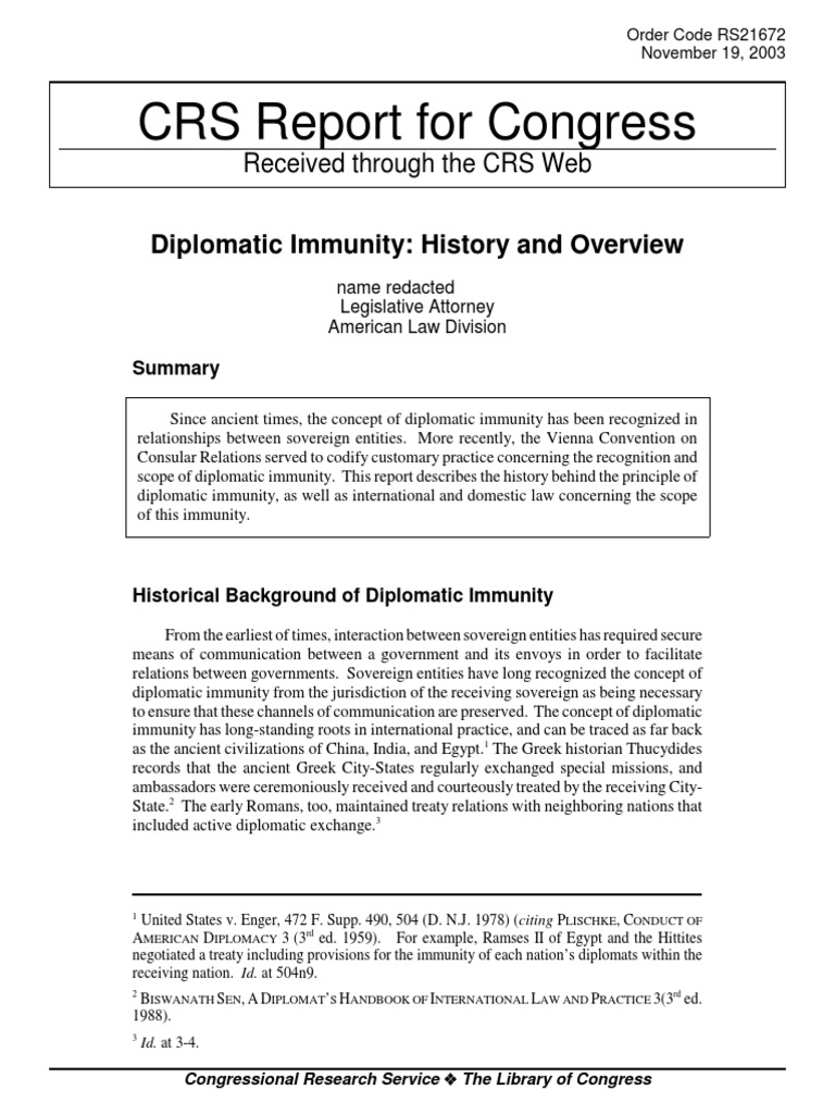 Overview of Diplomatic Immunity History | PDF | Congressional Research ...