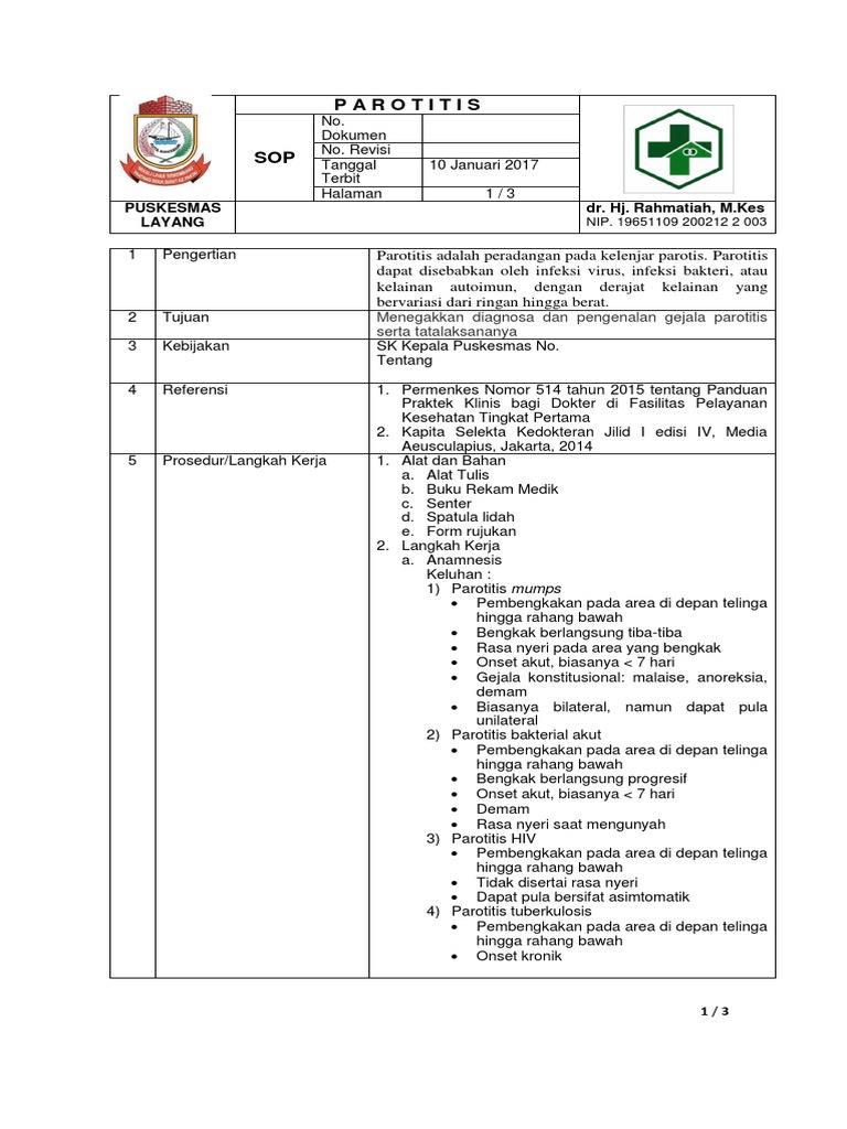 Prosedur Pemeriksaan dan Terapi Parotitis | PDF