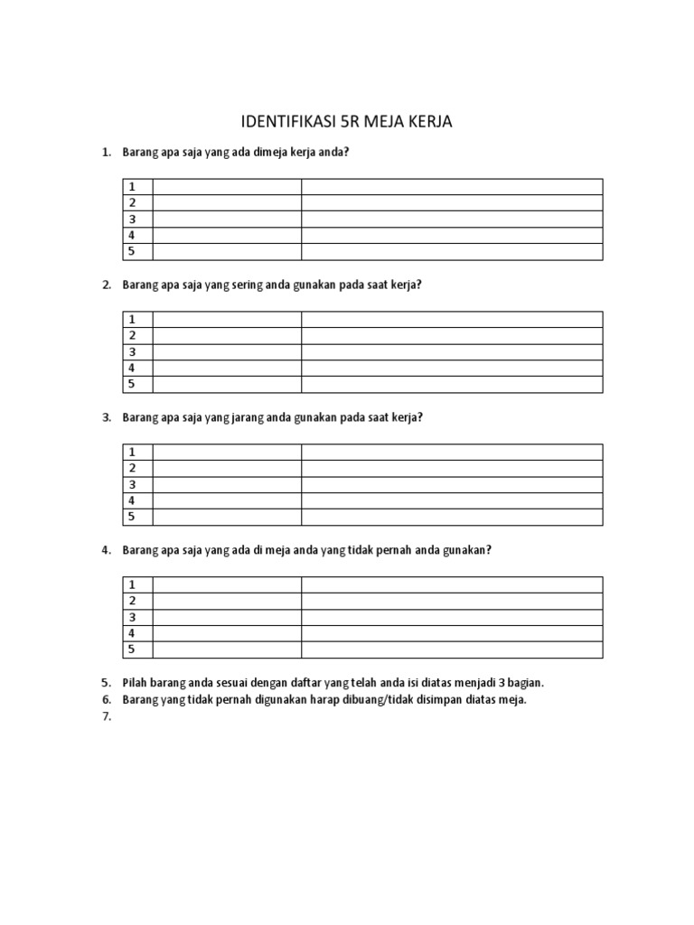 Identifikasi 5R Meja Kerja | PDF | Memasak, Makanan, & Anggur