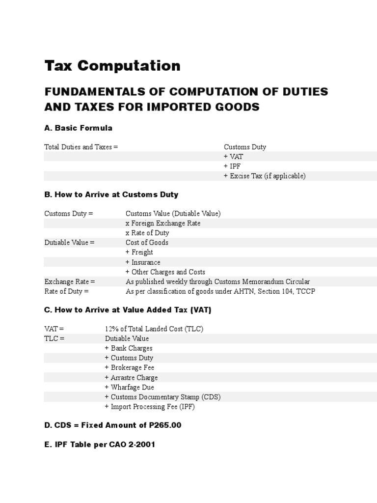 BOC Tax Computation | PDF | Ad Valorem Tax | Value Added Tax