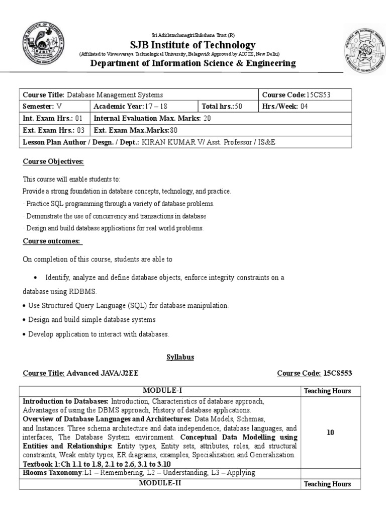 Dbms Lesson Plan With Out Dates Pdf Relational Database Databases 8380