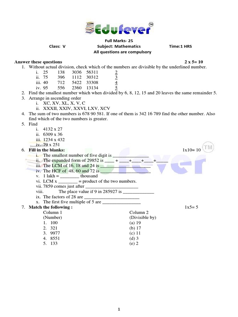 Cbse Class 5 Math Sample Paper | PDF