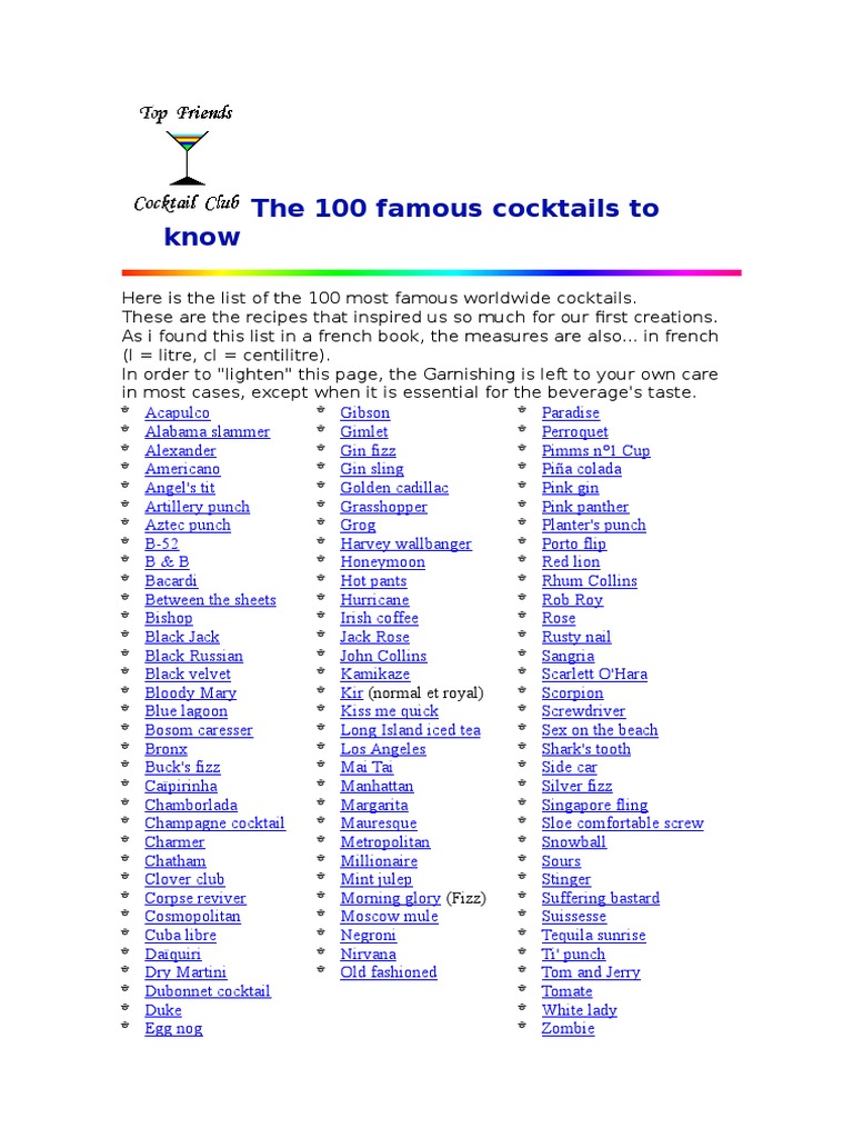 The 100 Famous Cocktails To Know | PDF | Martini (Cocktail) | Drink
