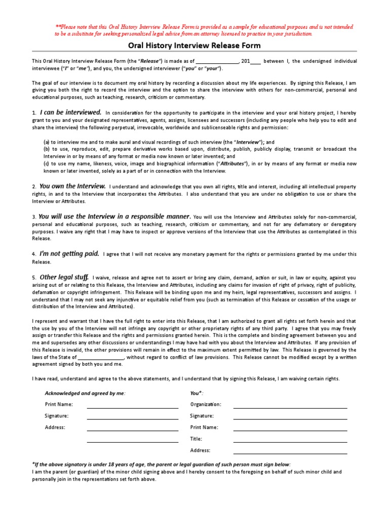 Oral History Interview Sample Release Form en | PDF | Oral History ...