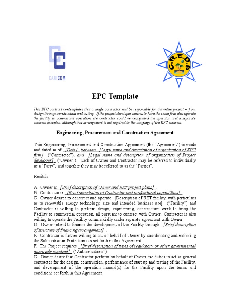 EPC Template: Engineering, Procurement and Construction Agreement | PDF ...