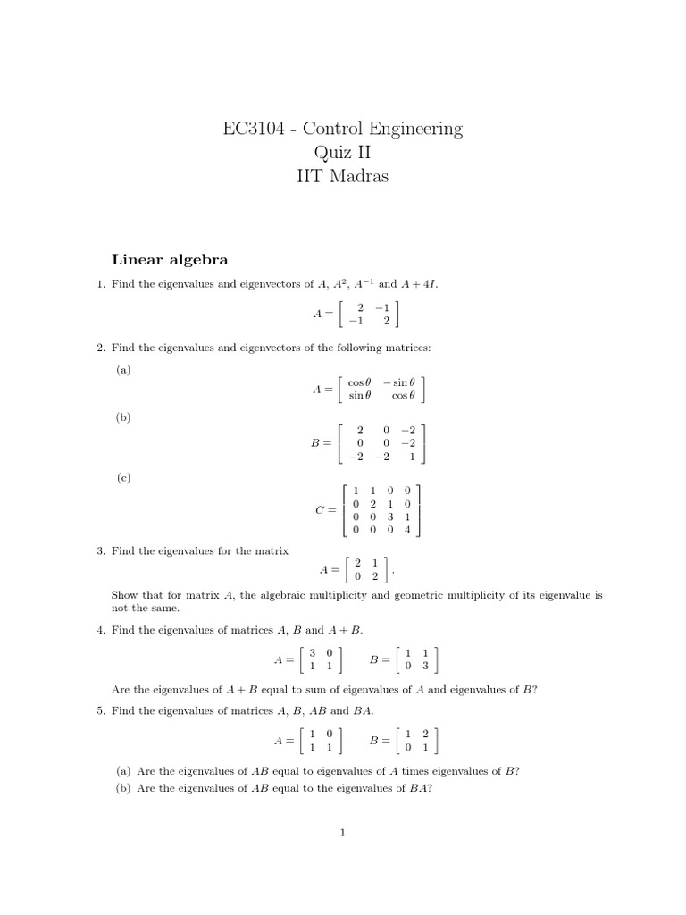 Quiz II | PDF | Eigenvalues And Eigenvectors | Matrix (Mathematics)
