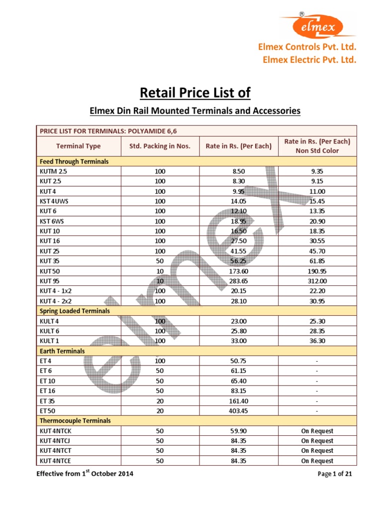 Full Elmex Price List As On 14 03 2015 PDF | PDF | Equipment ...