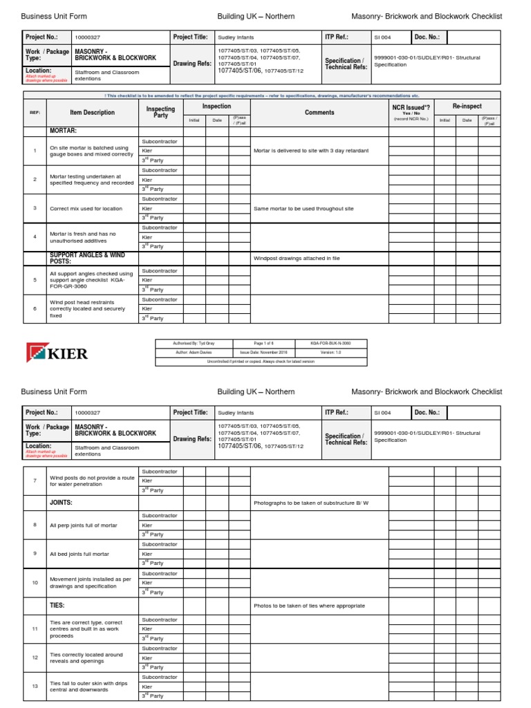 Checklist Masonry Brickwork And Blockwork Pdf Specification