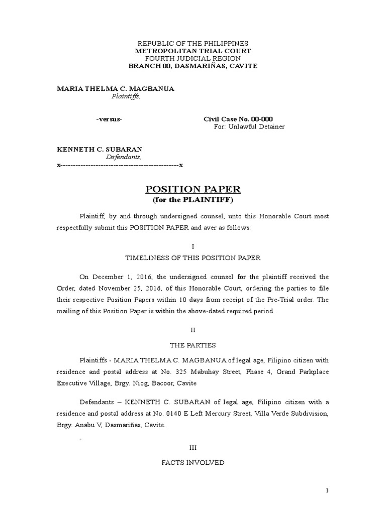 JEBUEN Position Paper (MTC) Unlawful Detainer | PDF | Eviction | Lease