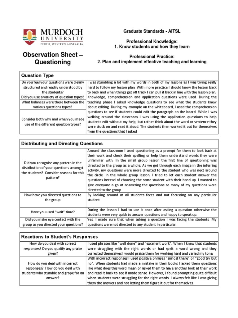 Observation Sheet - Questioning: Question Type | PDF | Reading ...