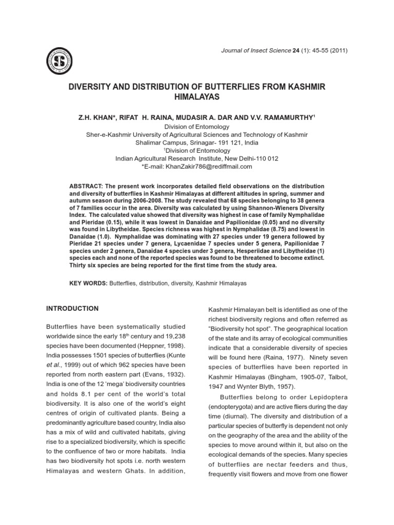 Butterfly Diversity in Kashmir Himalayas | PDF | Biodiversity | Butterfly
