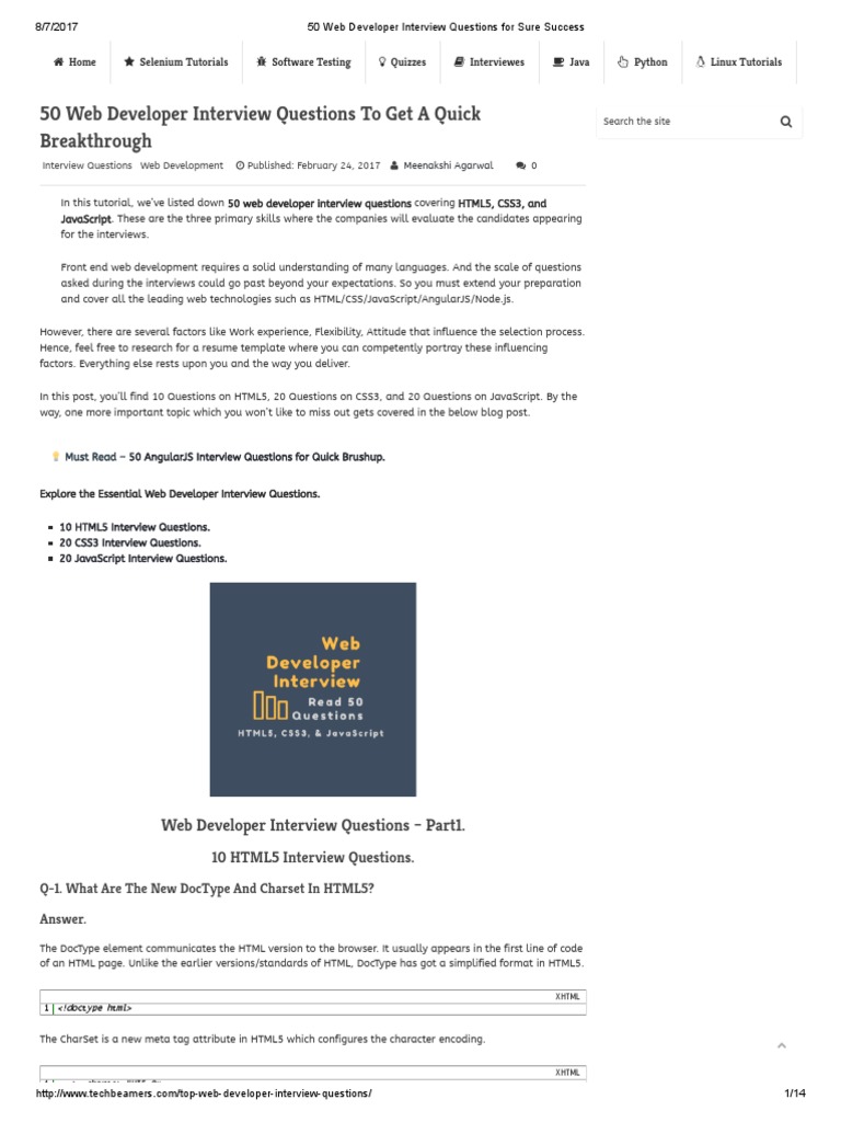 50 Web Developer Interview Questions For Sure Success | PDF | Cascading ...