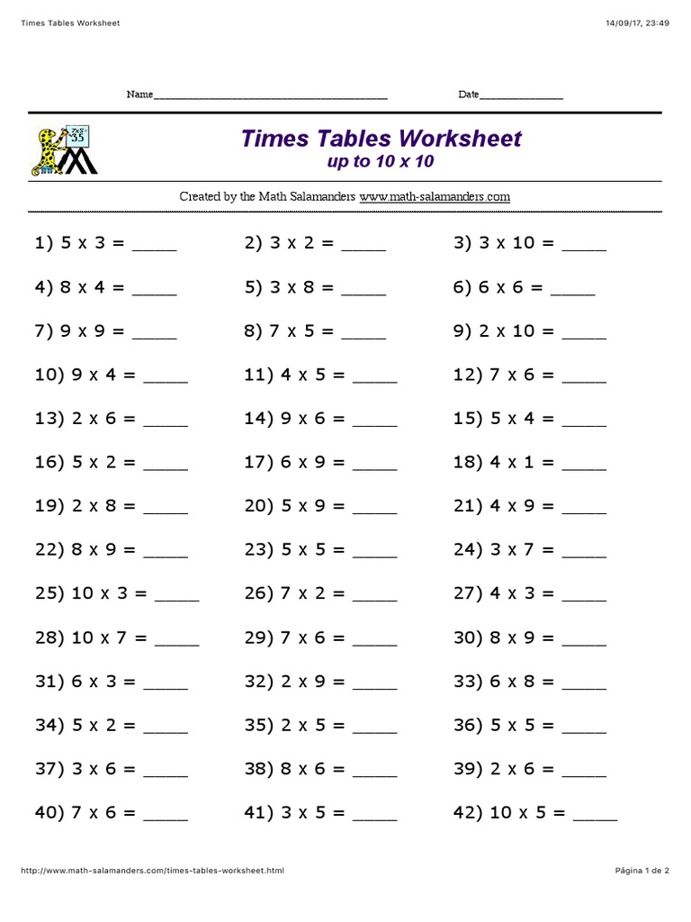 Times Tables Worksheet | PDF