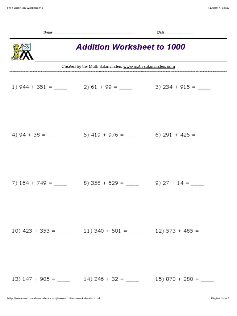 Free Addition Worksheets to 1000 | PDF | Teaching Methods & Materials ...