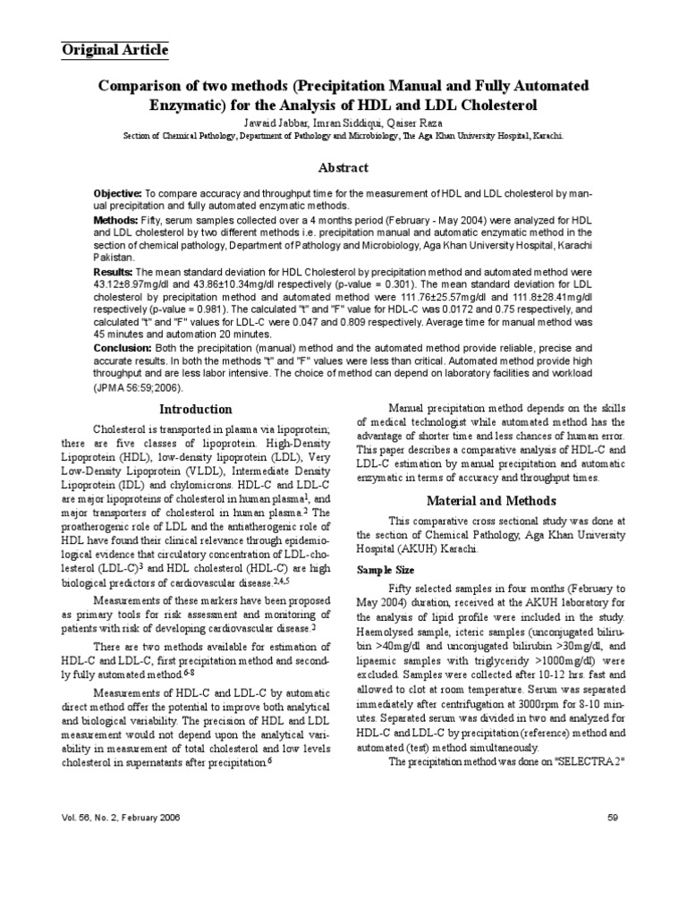 Original Article Comparison of Two Methods (Precipitation Manual and Fully Automated Enzymatic ...