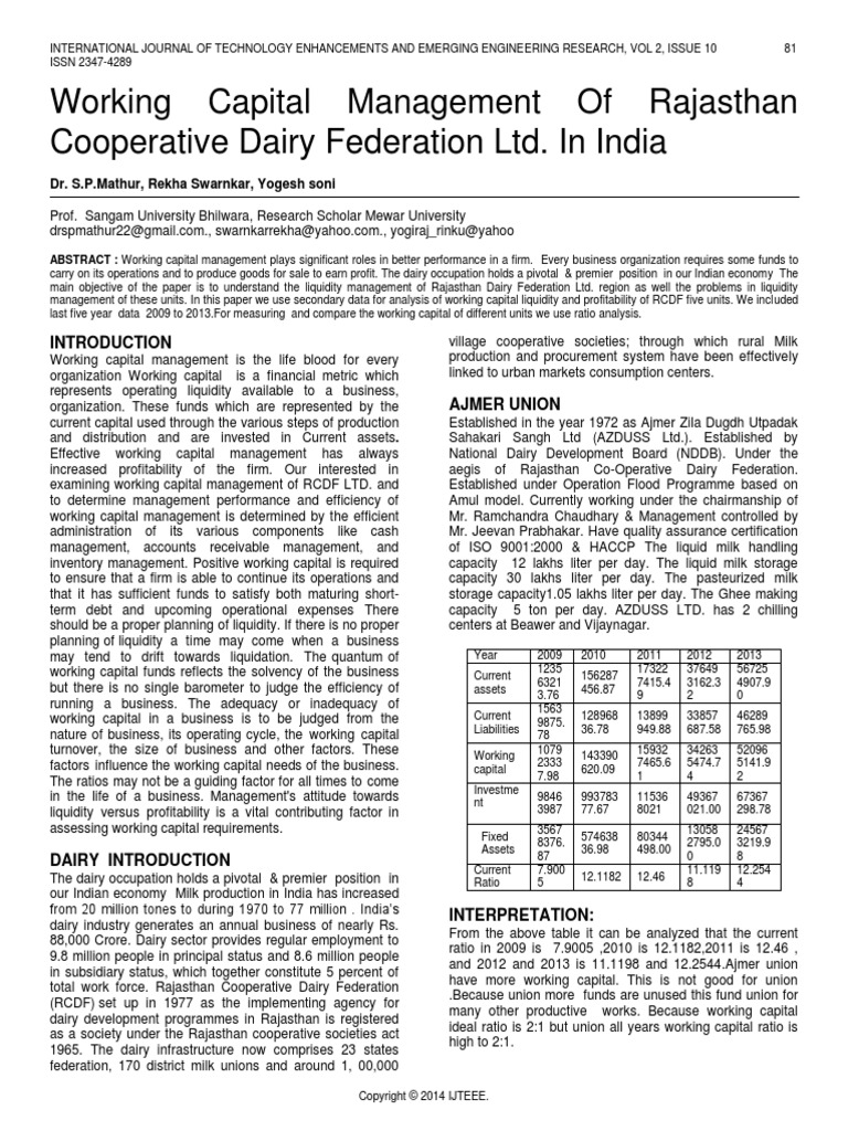 Working Capital Management Of Rajasthan Cooperative Dairy Federation