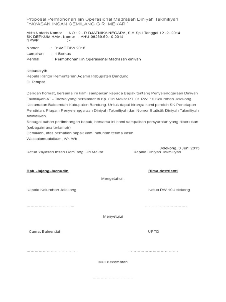 Proposal Permohonan Ijin Operasional Madrasah Diniyah Takmiliyah | PDF