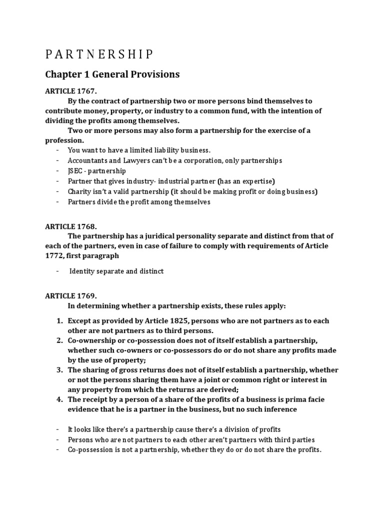 Partnership: Chapter 1 General Provisions | PDF | Partnership | Legal ...