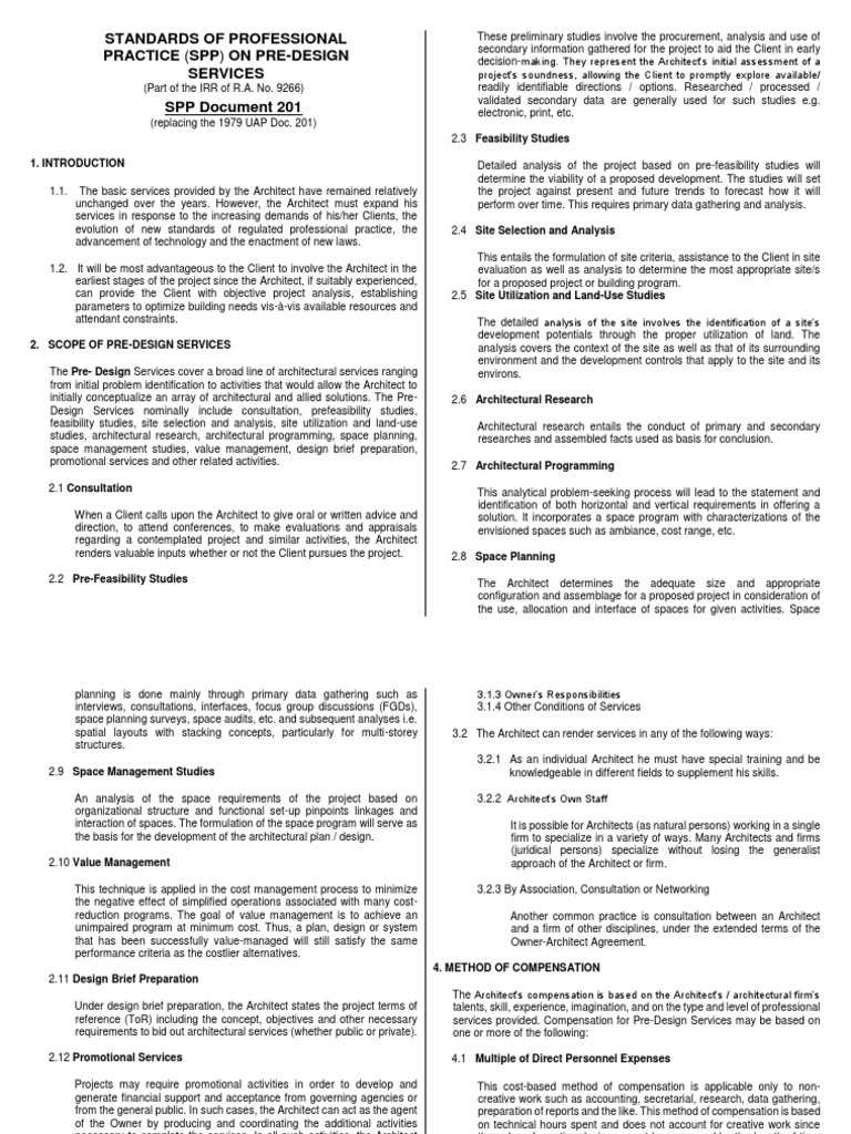 Standards of Professional Practice (SPP) On Pre-Design Services SPP Document 201 | PDF ...