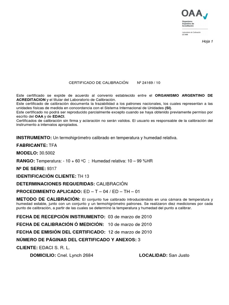 TH 13 Termohigrometro Cert de Calibr 24169 Edaci 10 03 10 OAA | PDF | Observación | Calibración