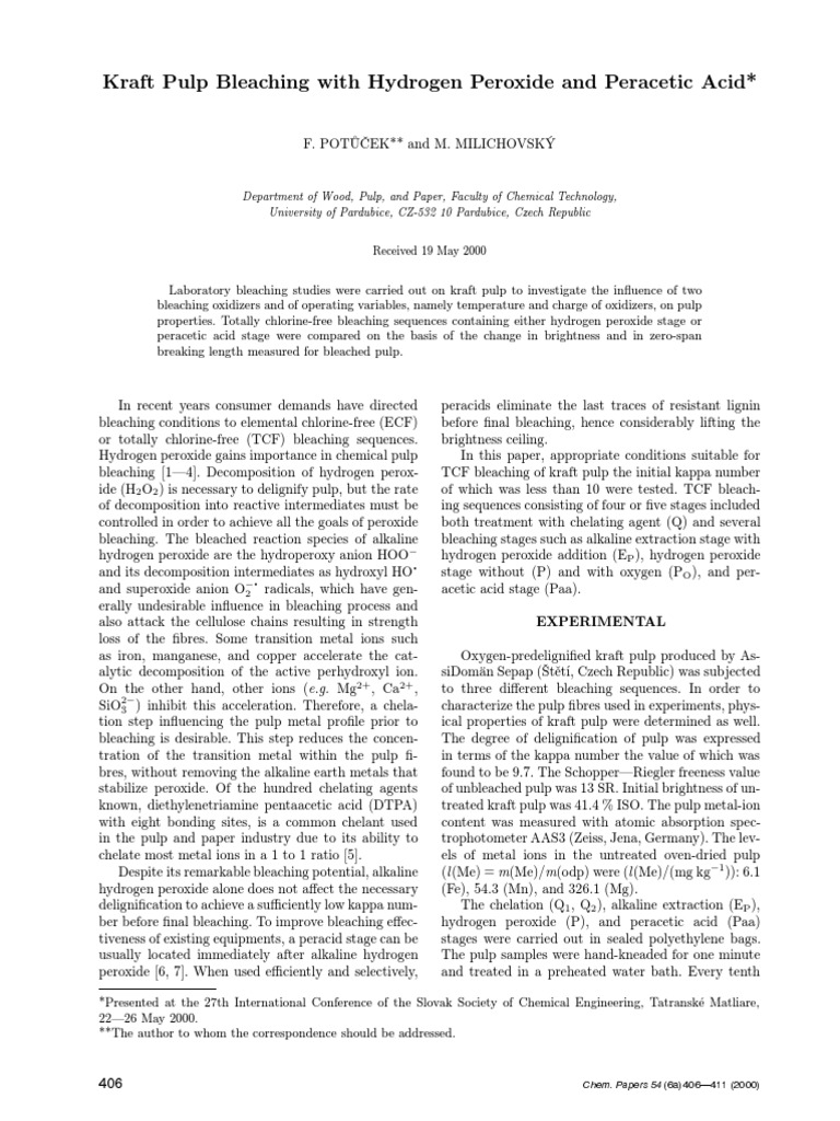 Kraft Pulp Bleaching with Hydrogen Peroxide and Peracetic Acid | PDF ...