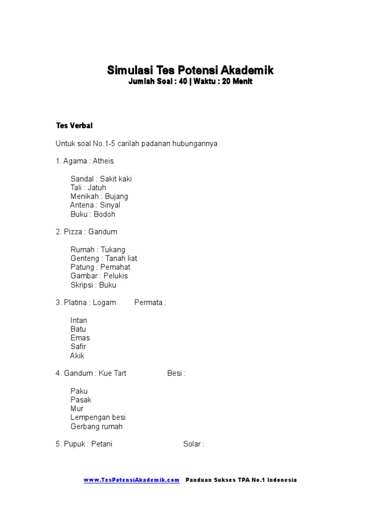 Berbagai Contoh Test Potensi Akademik PDF | PDF
