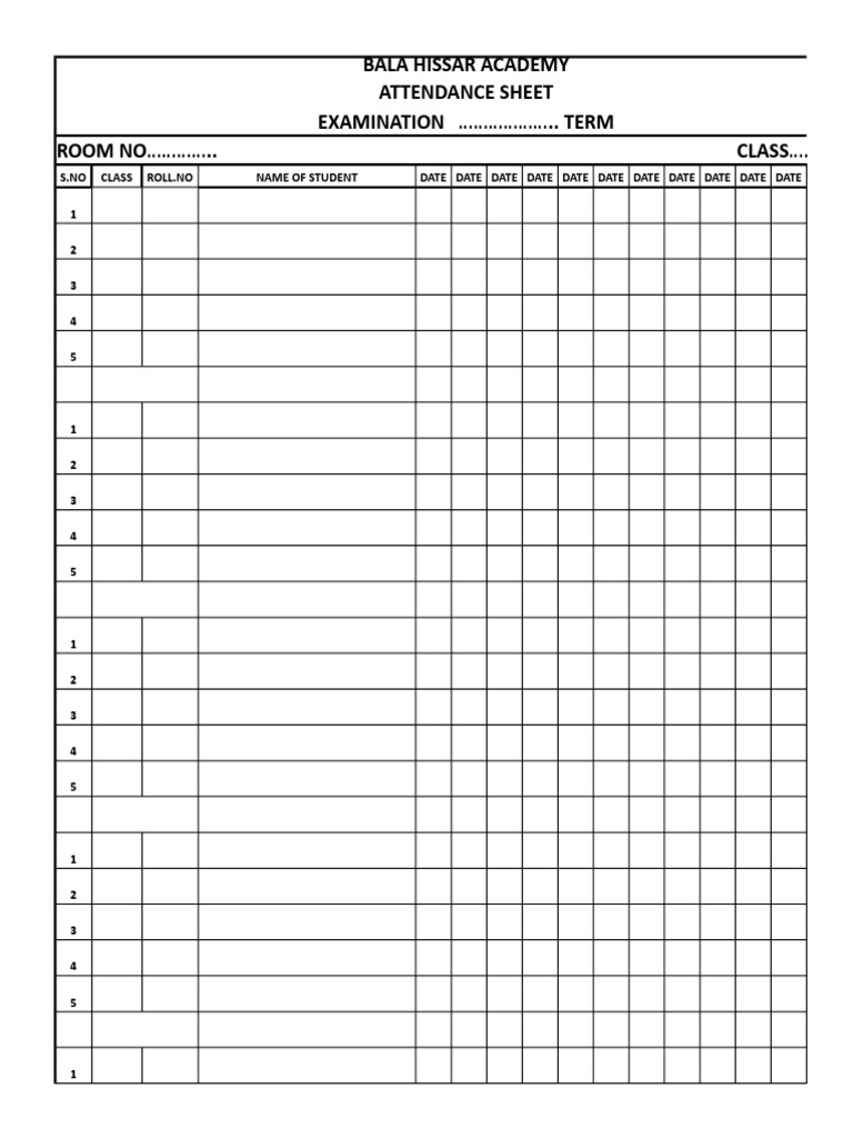 Bala Hissar Academy Attendance Sheet Examination .. Term ROOM NO .. CLASS | PDF