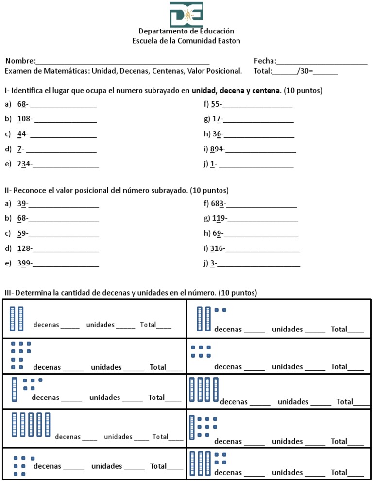 81701905-Examen-de-as-Unidad-Decena-Centena.pptx | Notación Matemática | Física y matemáticas
