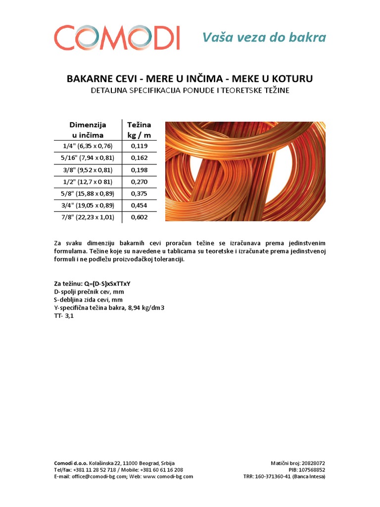 Bakarne Cevi-Mere U Incima-MEKE U KOTURU-Detaljna Specifikacija Ponude ...