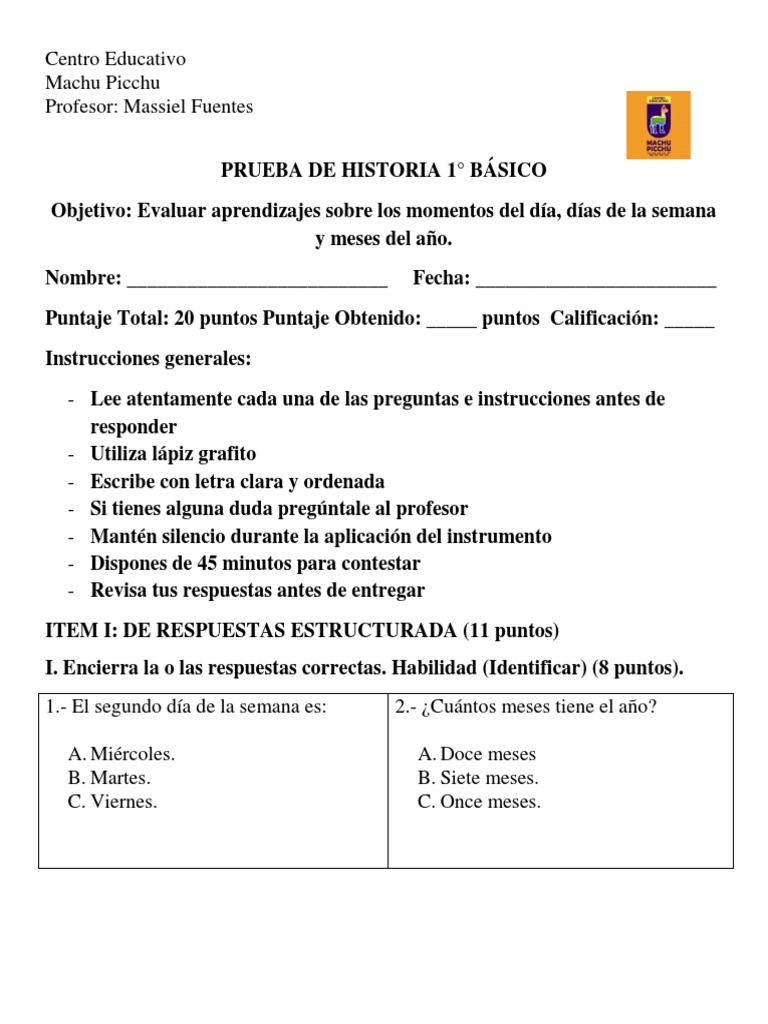 Prueba Historia Meses Del Ano y Dias de La Semana | PDF | Calendario